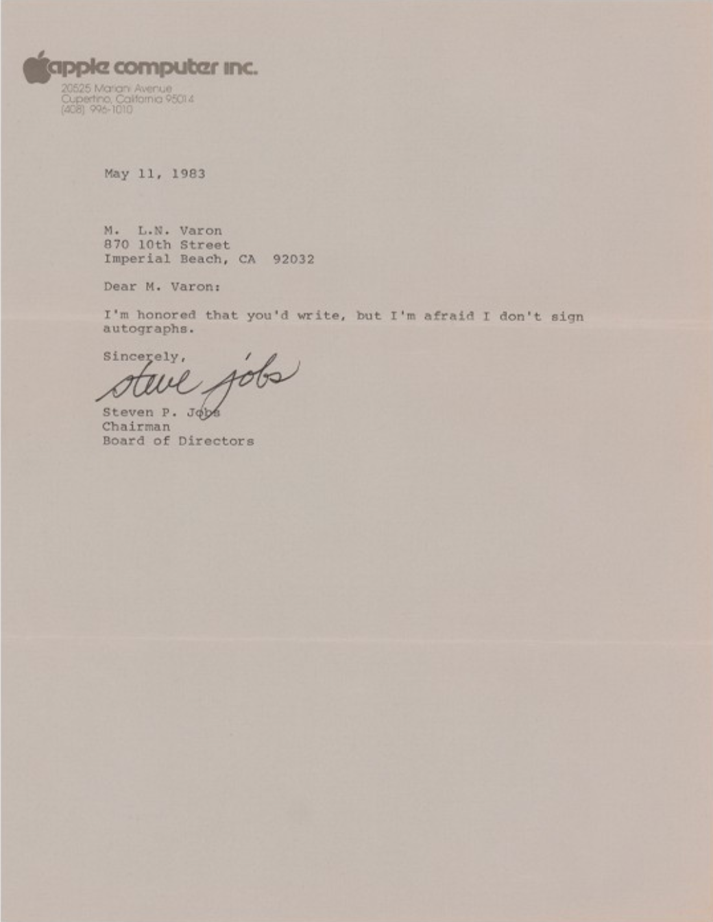 A Signed Typed Letter From Steve Jobs Saying He Does Not Give Out Auto ...